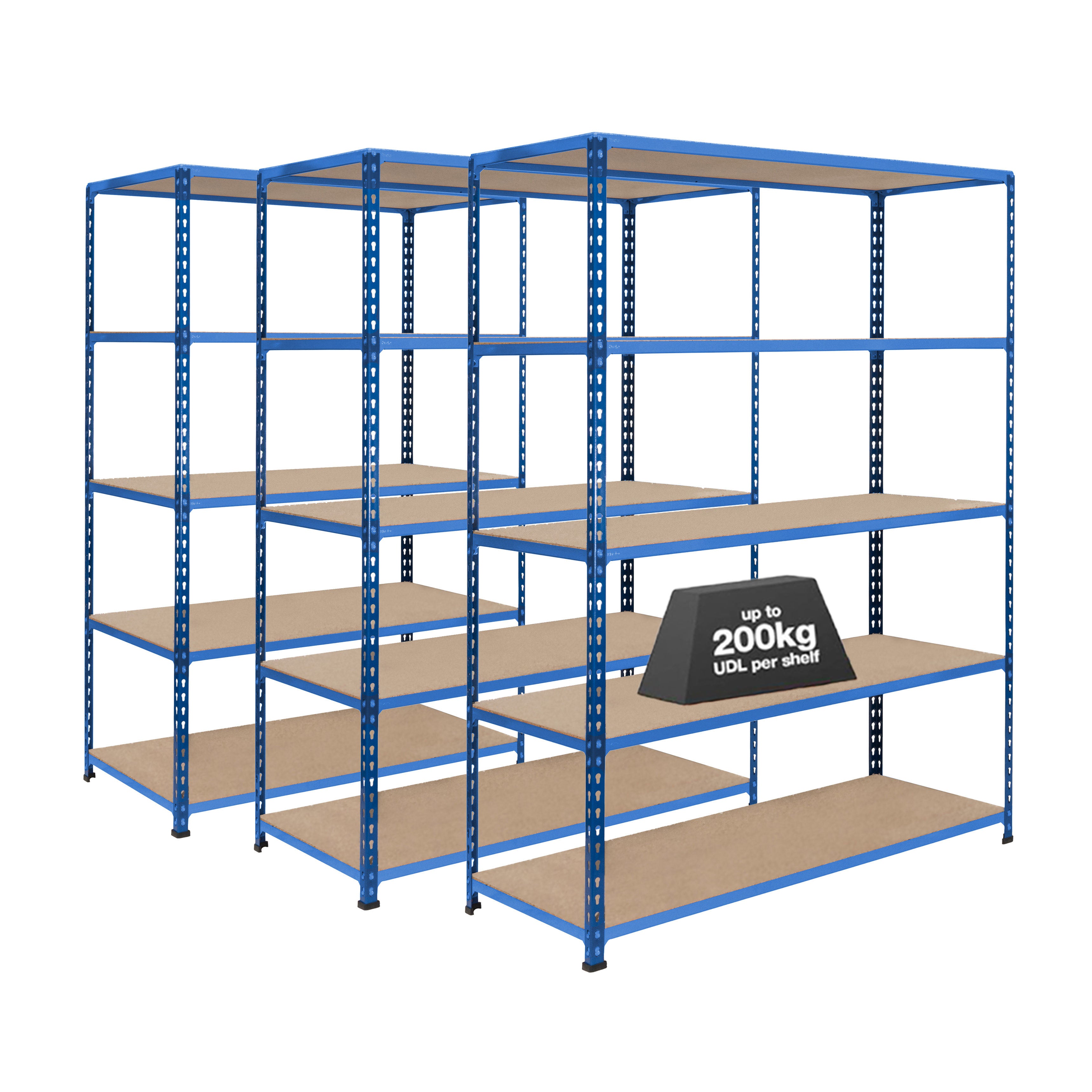 3x Storalex SX200 Industrial Shelving 1830mm High 200kg Blue - Tufferman