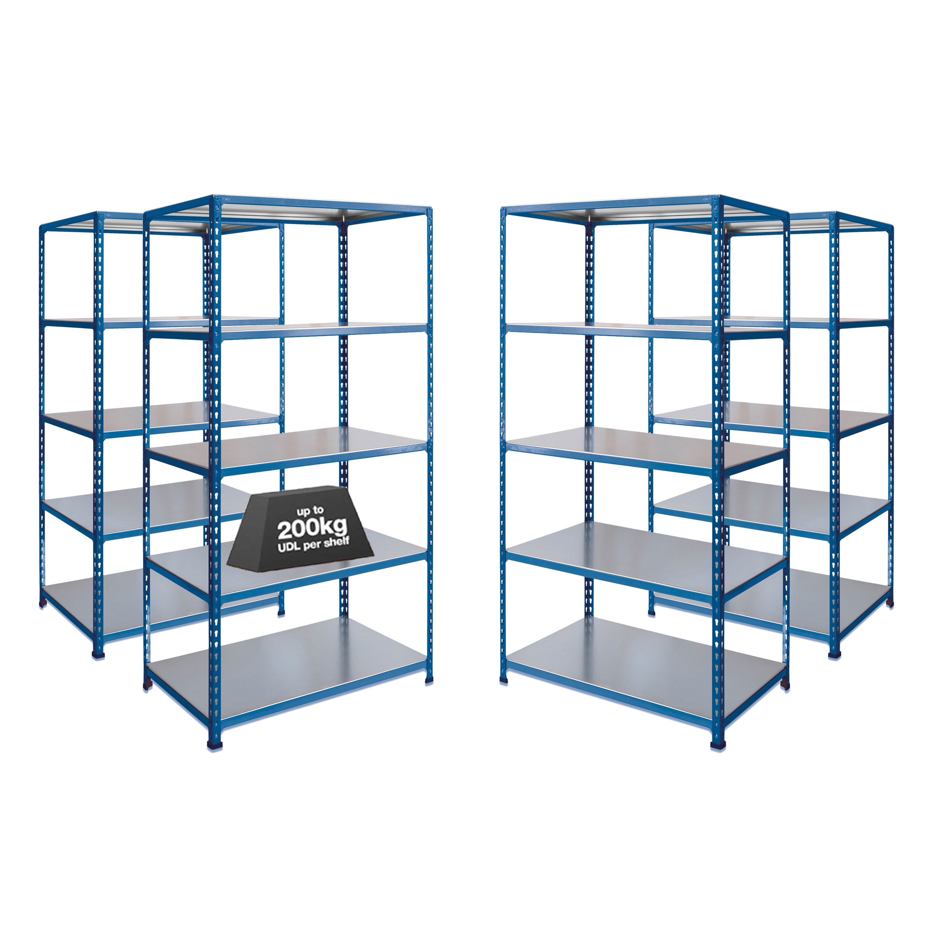4x Storalex SX200 Steel Shelving 2440mm High 200kg Blue - Tufferman