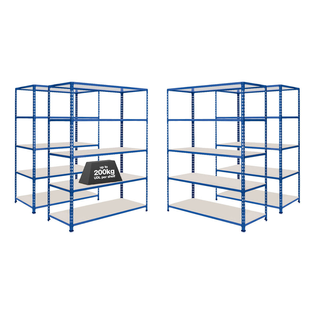 4x Storalex SX200 Melamine Shelving 1830mm High 200kg Blue - Tufferman
