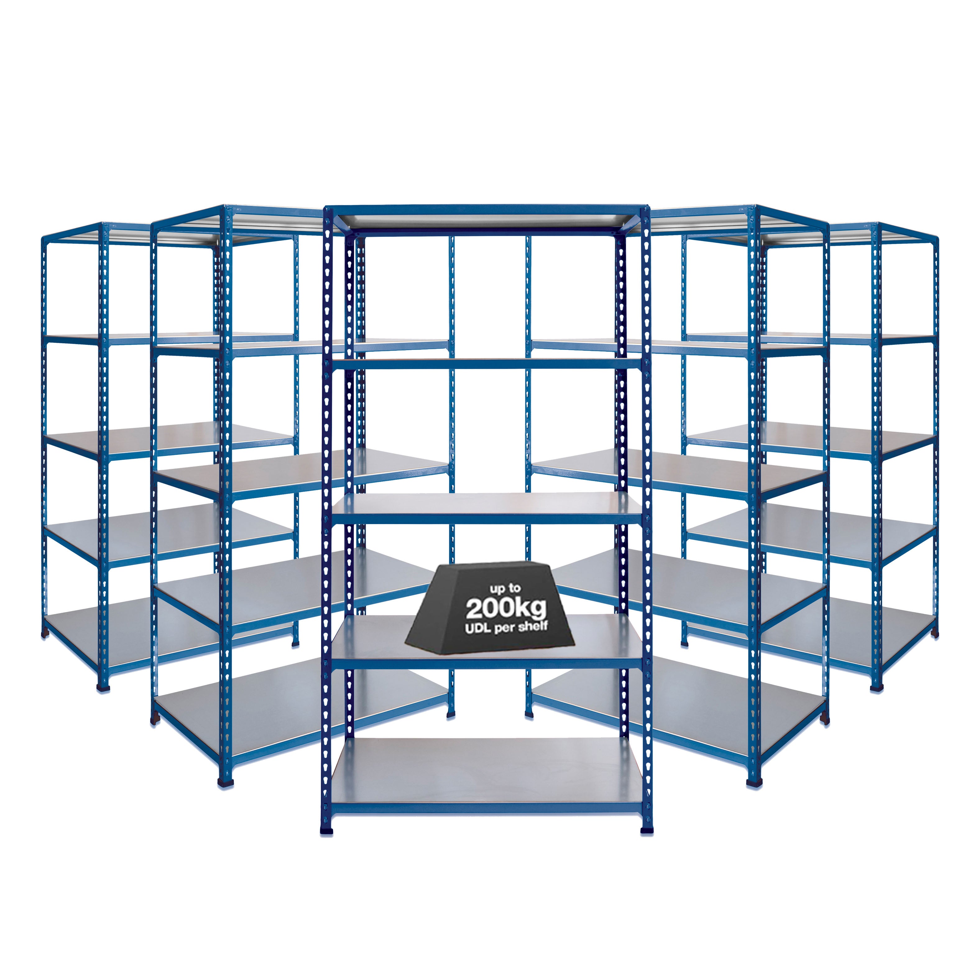 5x Storalex SX200 Steel Shelving 2440mm High 200kg Blue - Tufferman