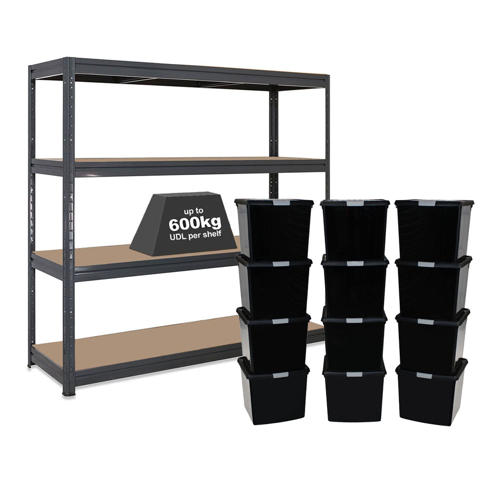 1x Storalex HRX Heavy Duty Shelving 1770mm High Grey with 12x 37L ...