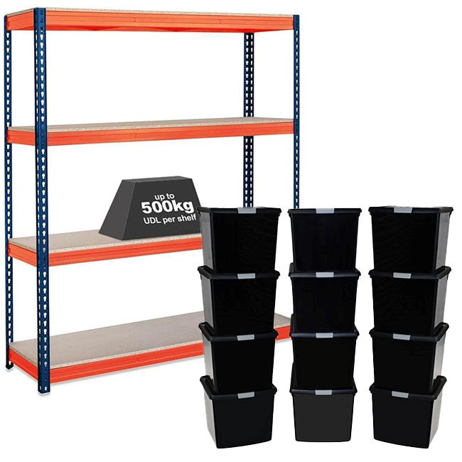 1x Storalex CRW Heavy Duty Shelving 1800mm High Blue/Orange with 12x ...