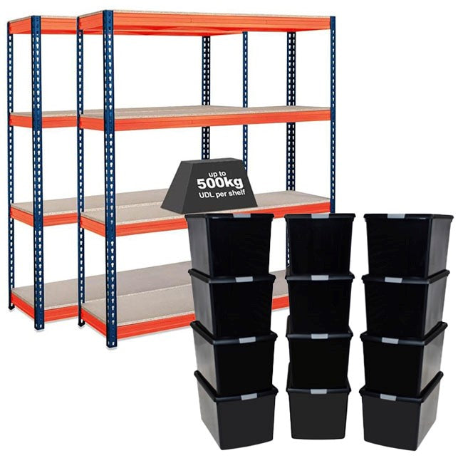 2x Storalex CRW Heavy Duty Shelving 1800mm High Blue/Orange with 12x ...