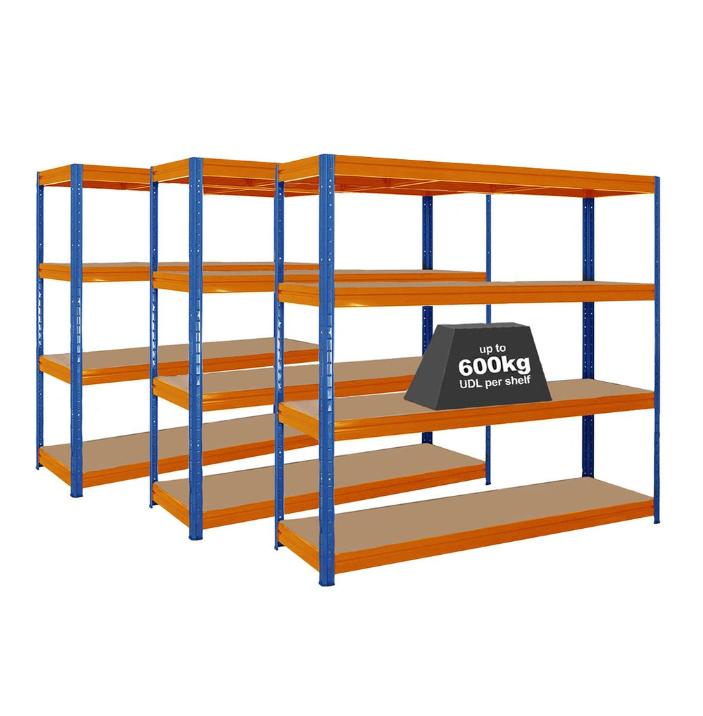 3x Storalex HRX Heavy Duty Shelving 1770mm High 600kg Blue/Orange ...