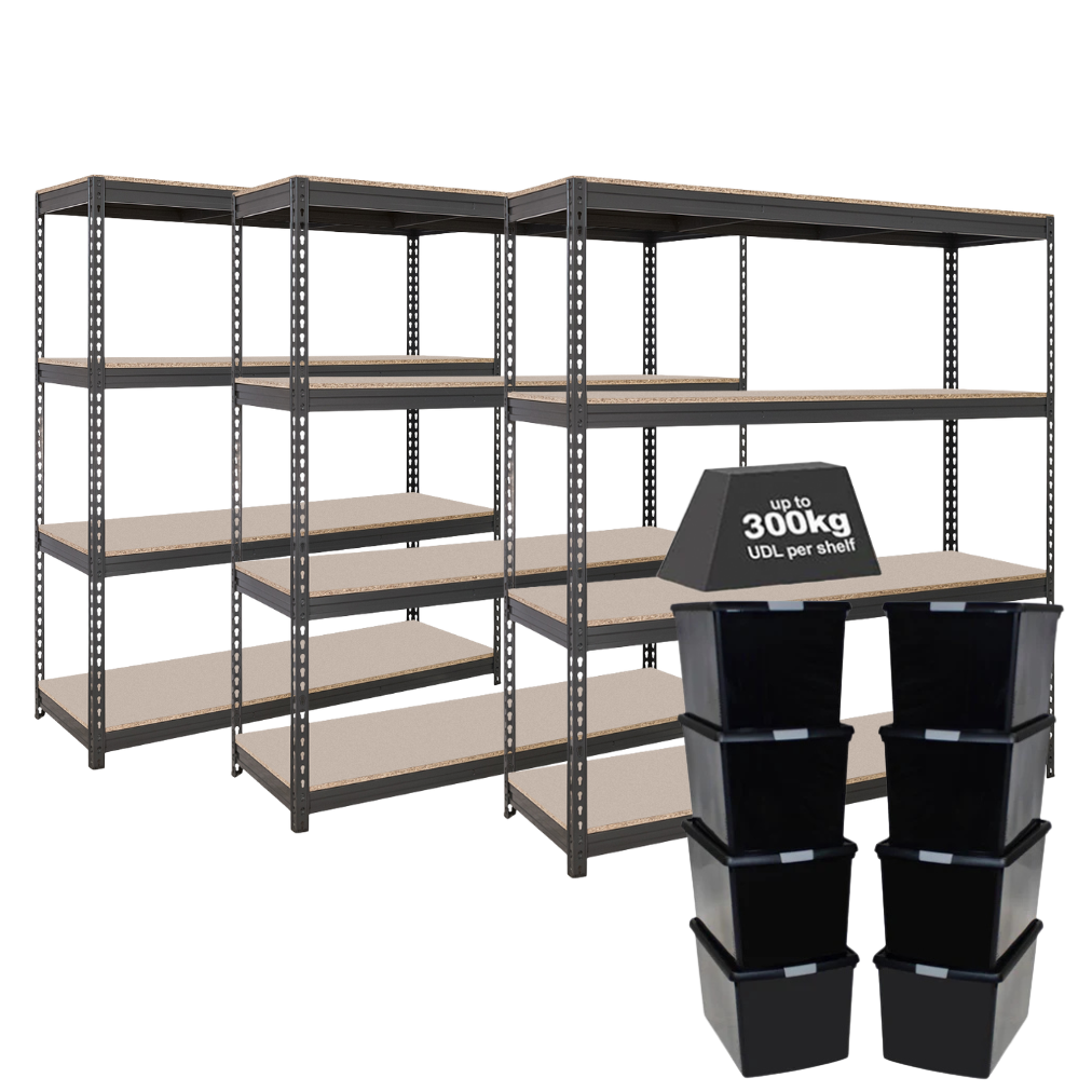 3x Storalex CRW Heavy Duty Shelving 1800mm High Grey with 8x 62L ...