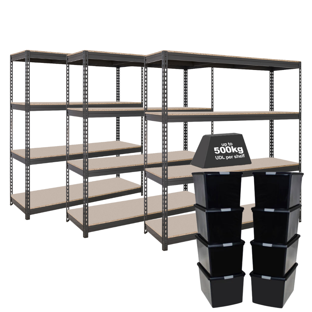 3x Storalex CRW Heavy Duty Shelving 2000mm High Grey with 8x 62L ...