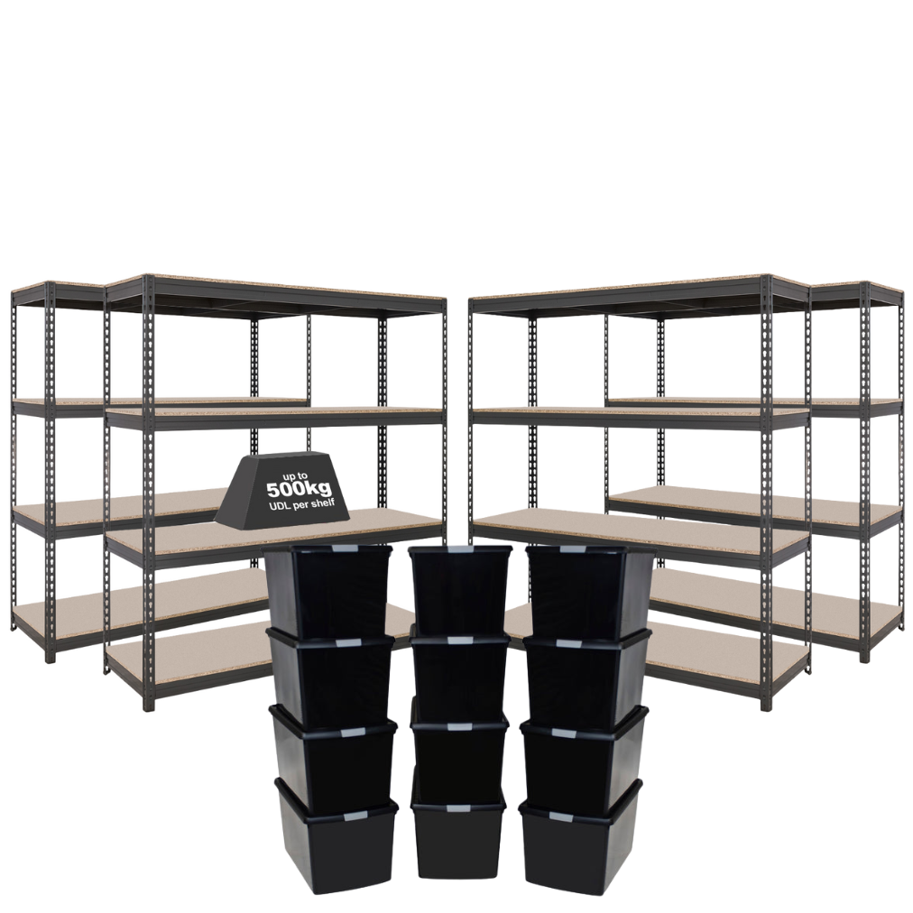 4x Storalex CRW Heavy Duty Shelving 2000mm High Grey with 12x 62L ...
