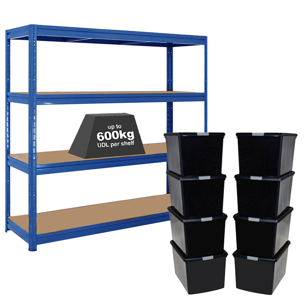 1x Storalex HRX Heavy Duty Shelving 1770mm High Blue with 8x 62L ...