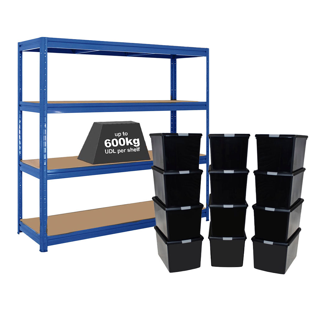 1x Storalex HRX Heavy Duty Shelving 1770mm High Blue with 12x 62L ...