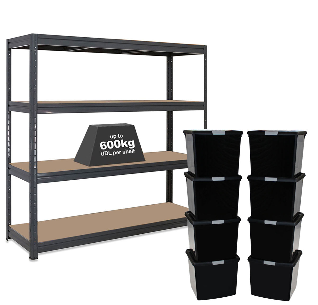 1x Storalex HRX Heavy Duty Shelving 1770mm High Grey with 8x 37L ...