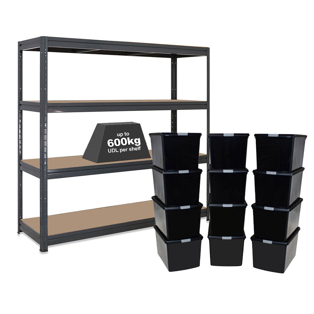 1x Storalex HRX Heavy Duty Shelving 1770mm High Grey with 12x 62L ...