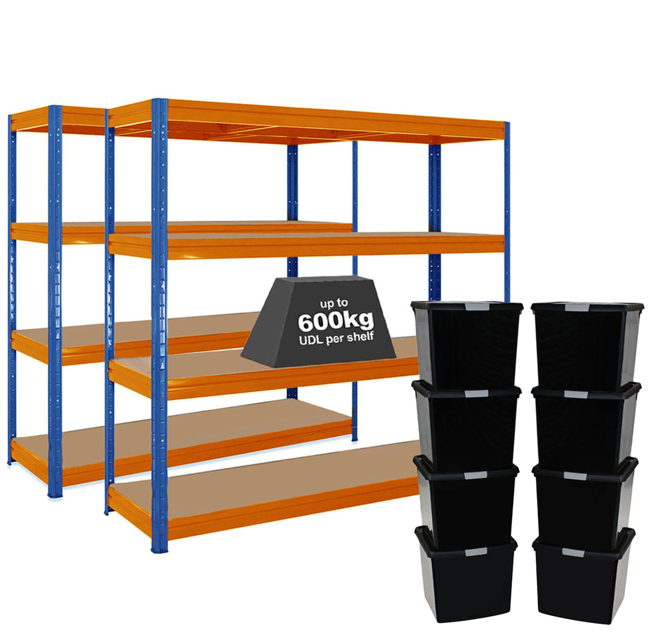 2x Storalex HRX Heavy Duty Shelving 1770mm High Blue/Orange with 8x 37L ...