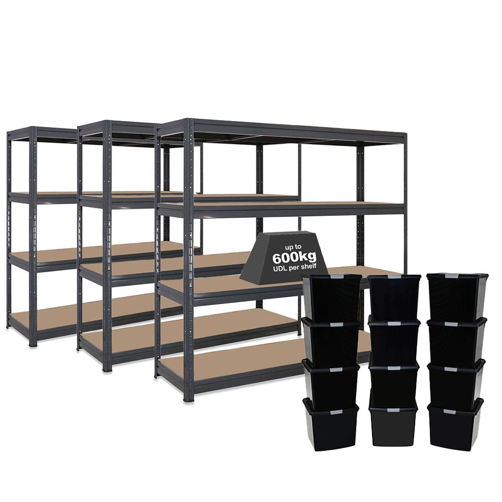 3x Storalex HRX Heavy Duty Shelving 1770mm High Grey with 12x 37L ...