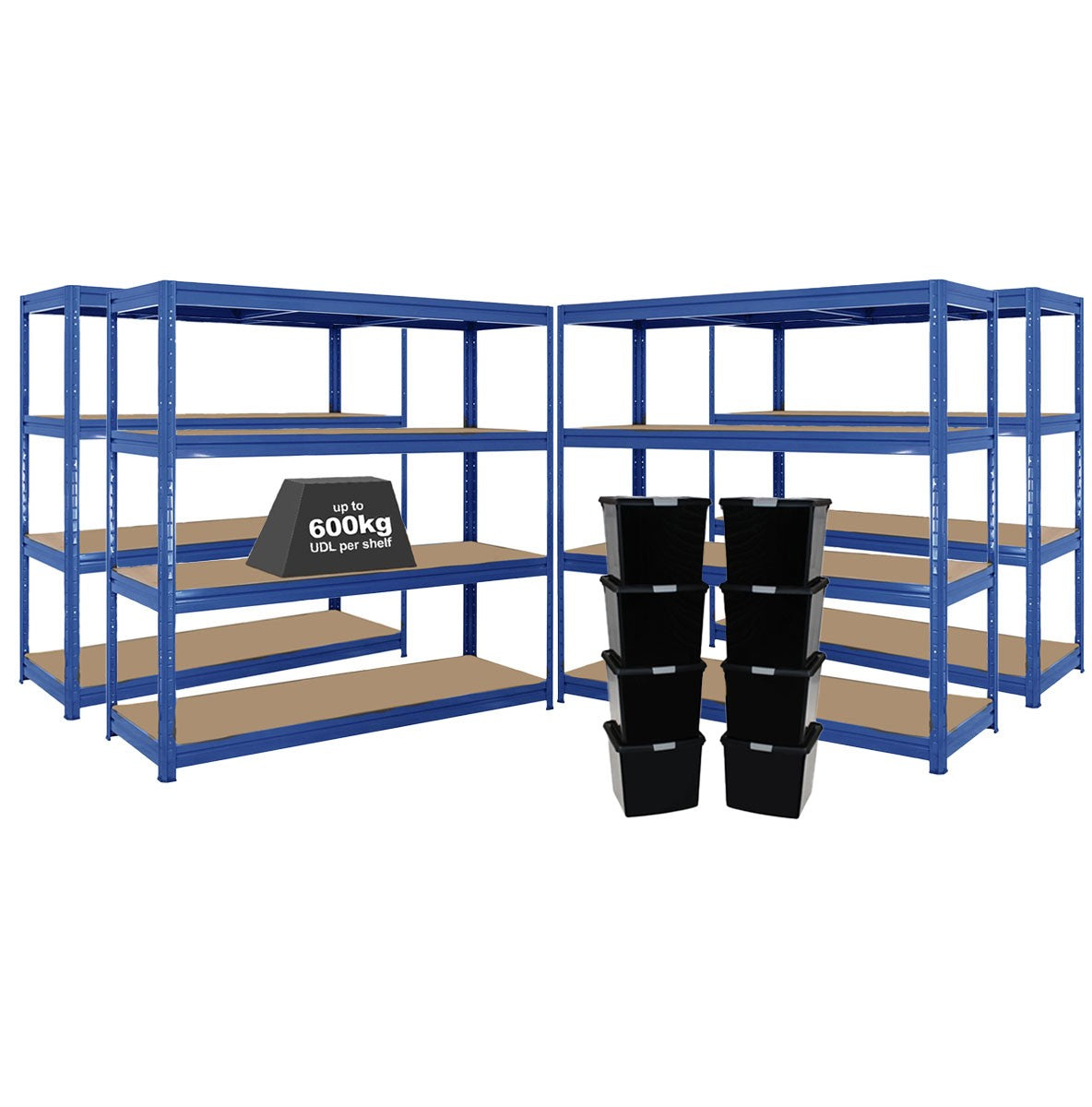 4x Storalex HRX Heavy Duty Shelving 1770mm High Blue with 8x 37L ...