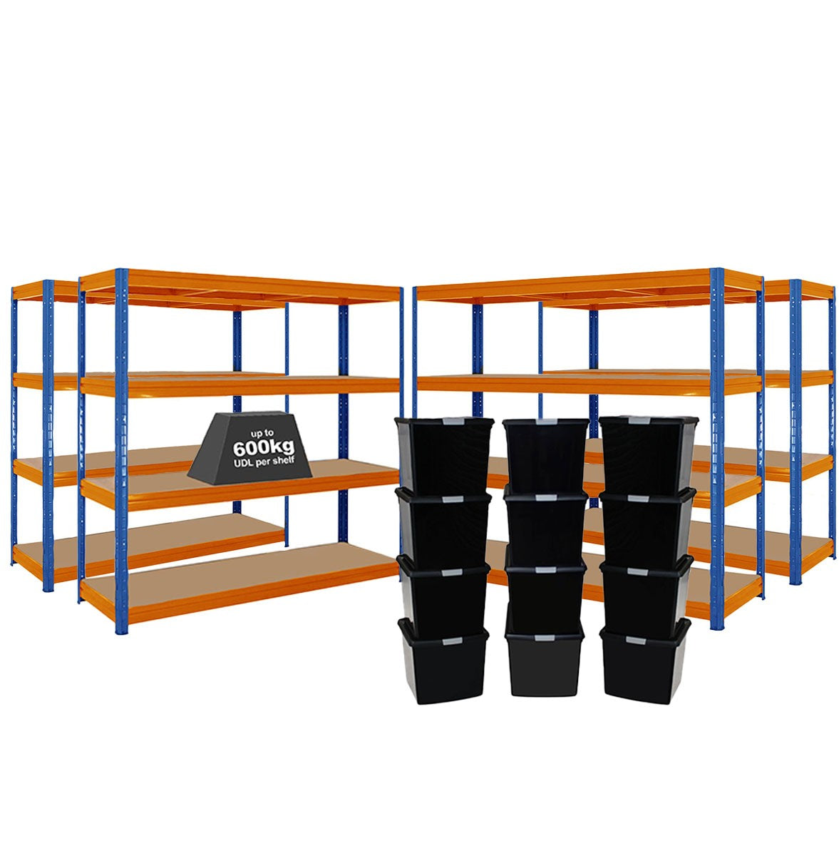 4x Storalex HRX Heavy Duty Shelving 1770mm High Blue/Orange with 12x ...