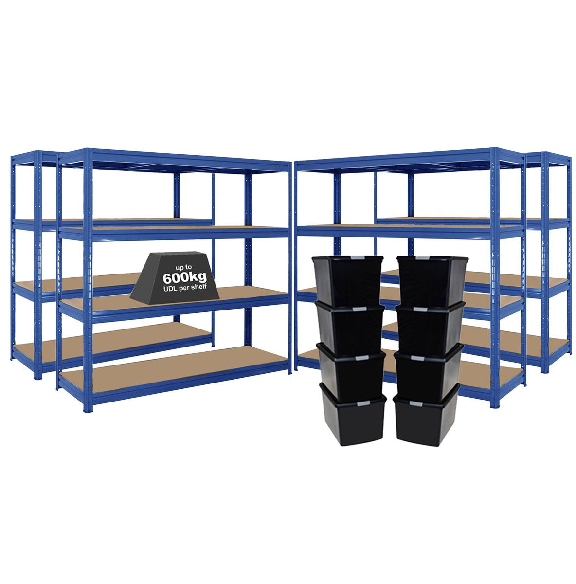 4x Storalex HRX Heavy Duty Shelving 1770mm High Blue with 8x 62L ...