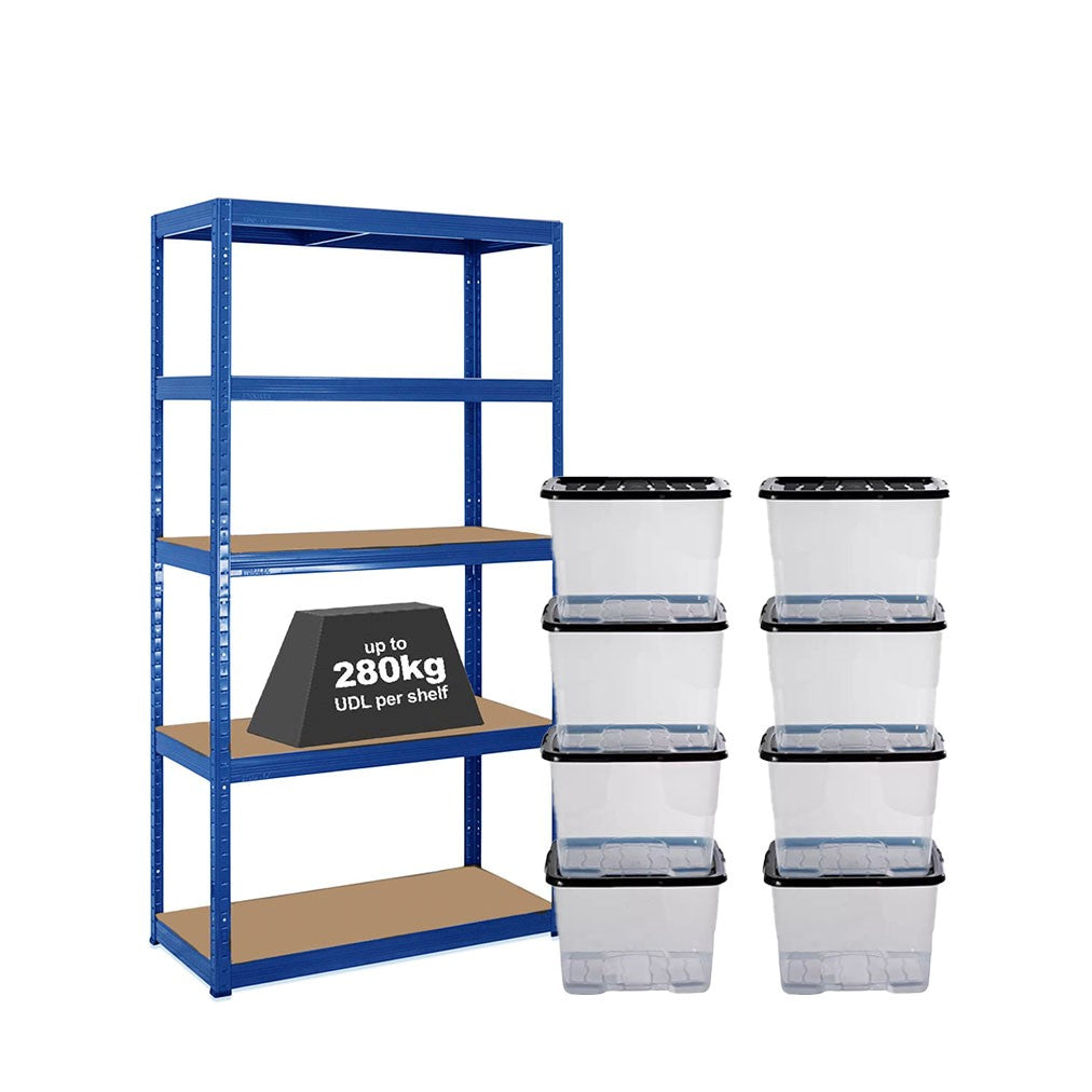 1x Storalex VRS Shelving Unit 1800mm High Blue with 8x 24L Strata ...
