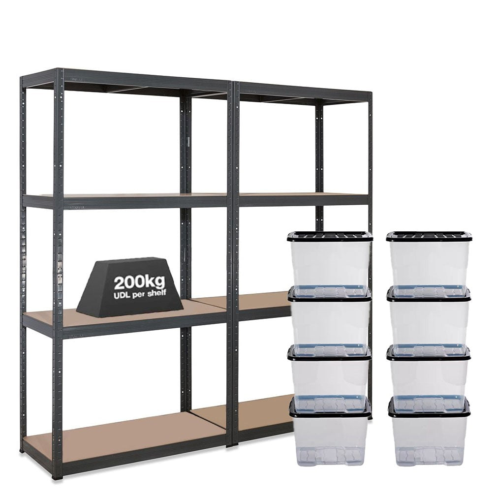 2x Storalex VRS Shelving Units 1600mm High Grey with 8x 24L Strata ...