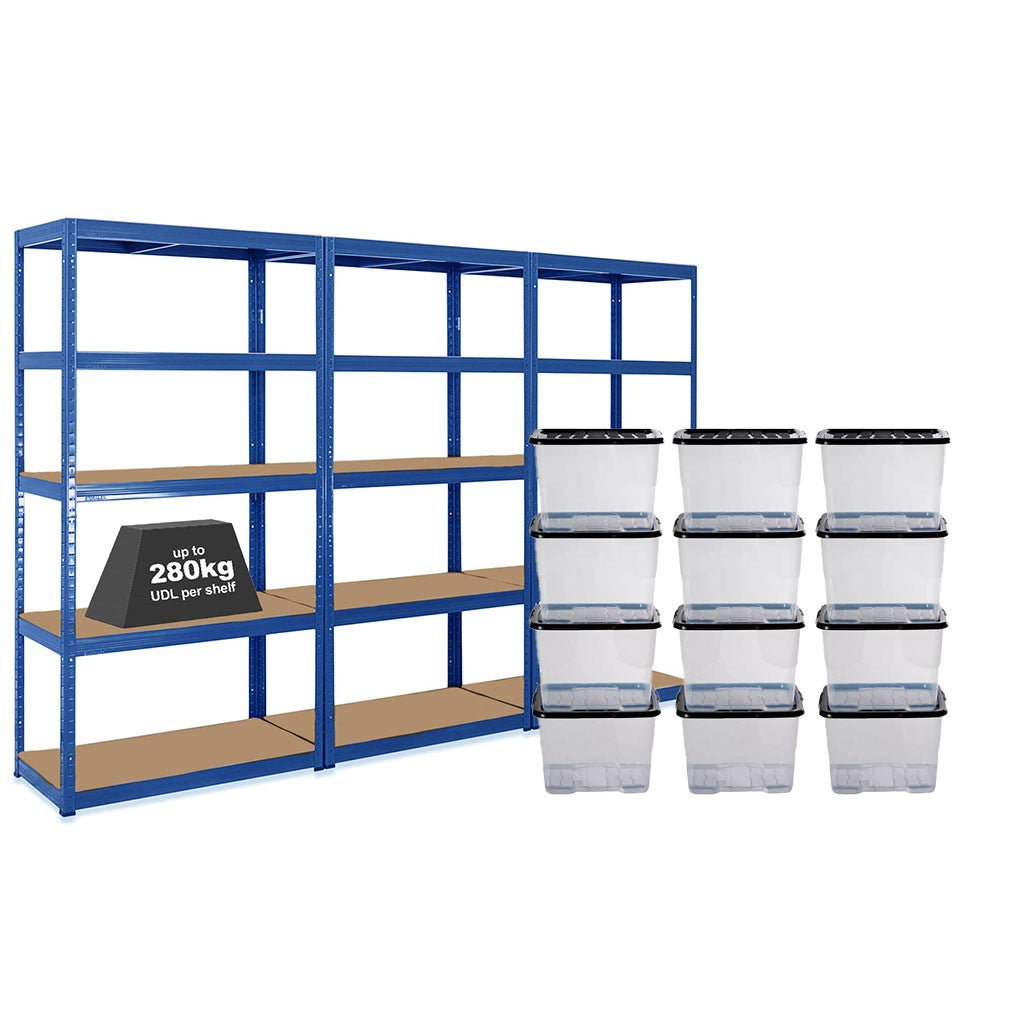 3x Storalex VRS Shelving Units 1800mm High Blue with 12x 24L Strata ...