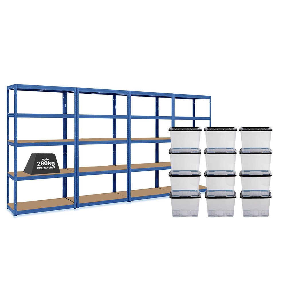 4x Storalex VRS Shelving Units 1800mm High Blue with 12x 24L Strata ...