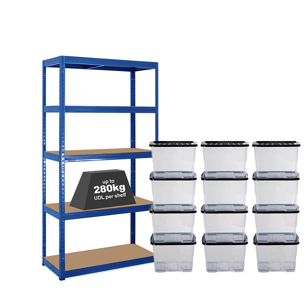 1x Storalex VRS Shelving Unit 1800mm High Blue with 12x 24L Strata ...