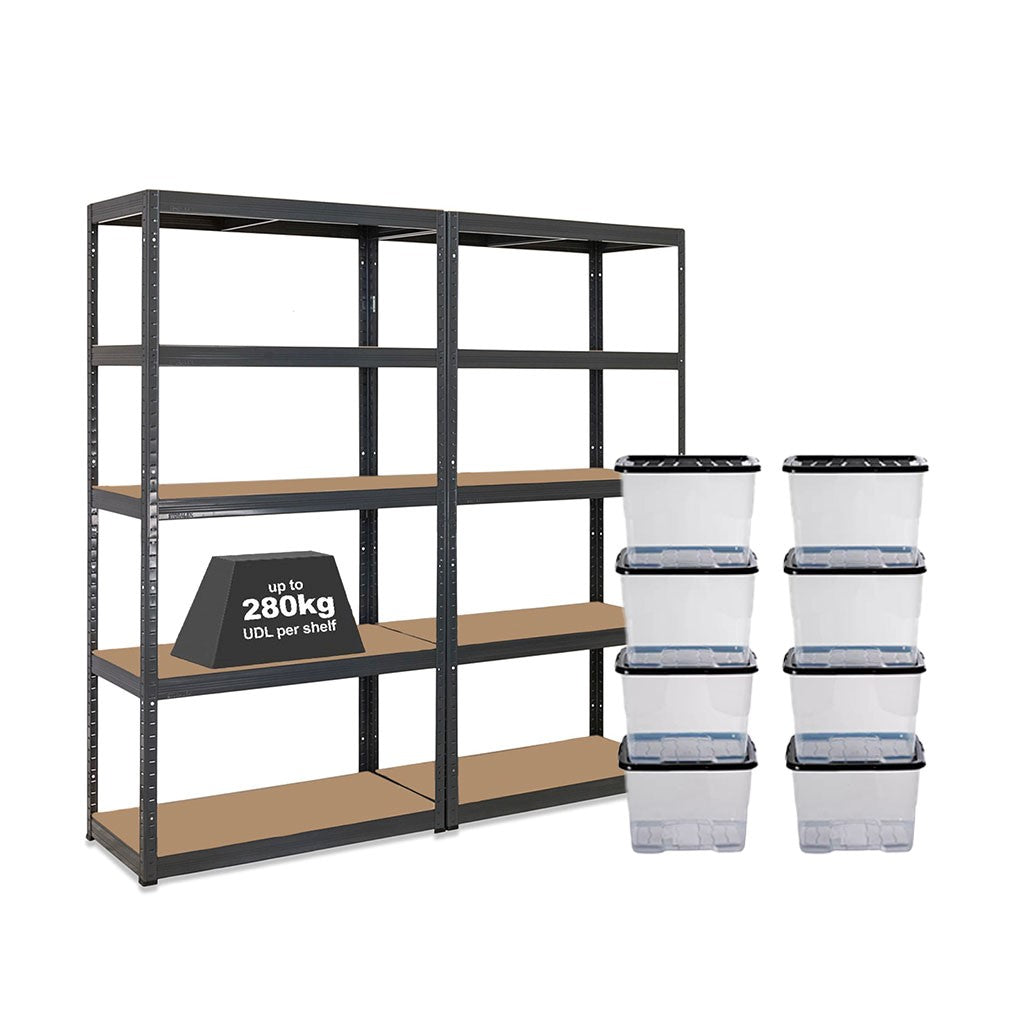 2x Storalex VRS Shelving Units 1800mm High Grey with 8x 24L Strata ...