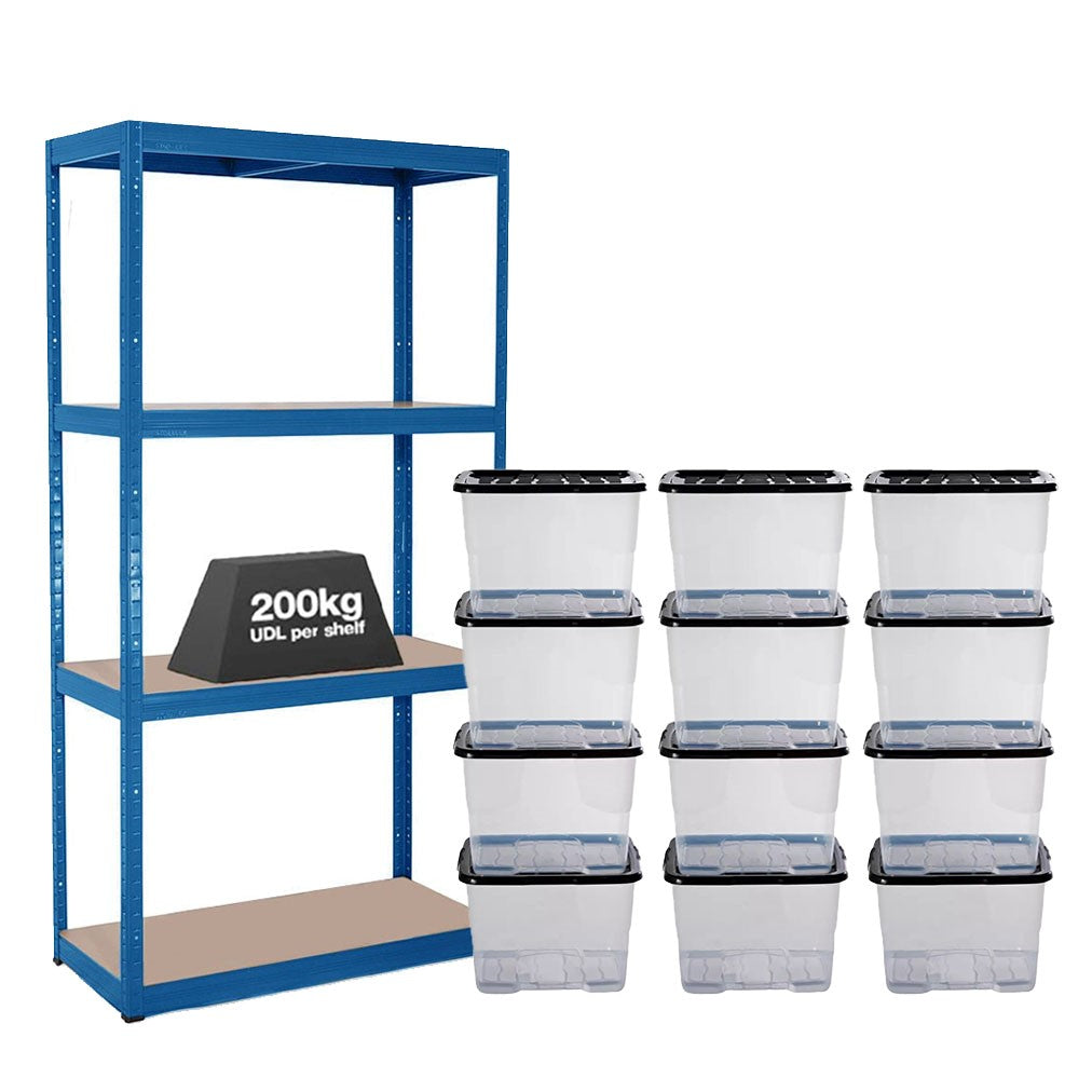 1x Storalex VRS Shelving Unit 1600mm High Blue with 12x 24L Strata ...