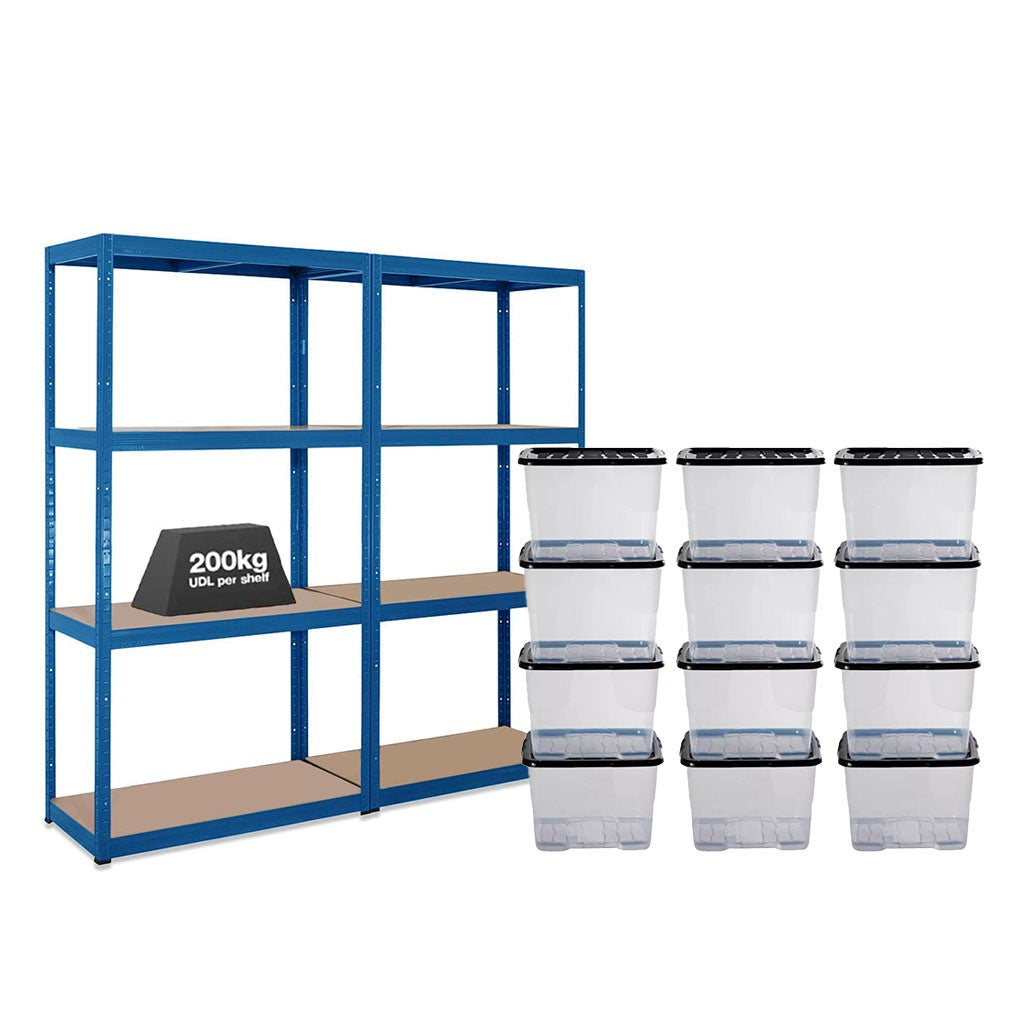 2x Storalex VRS Shelving Units 1600mm High Blue with 12x 24L Strata ...
