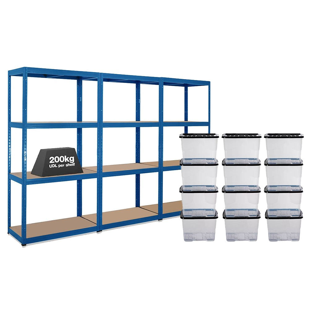 3x Storalex VRS Shelving Units 1600mm High Blue with 12x 24L Strata ...