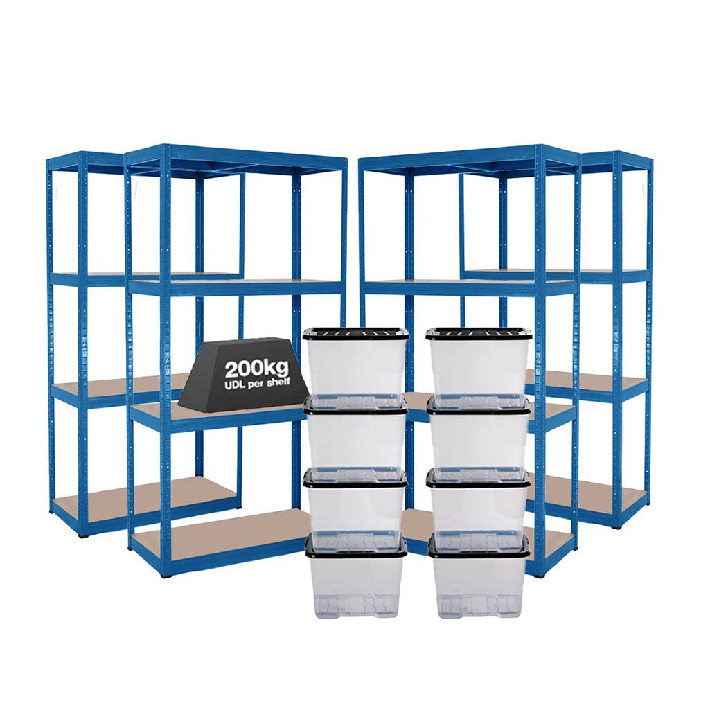 4x Storalex VRS Shelving Units 1600mm High Blue with 8x 24L Strata ...