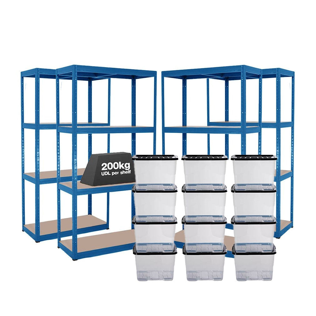 4x Storalex VRS Shelving Units 1600mm High Blue with 12x 24L Strata ...