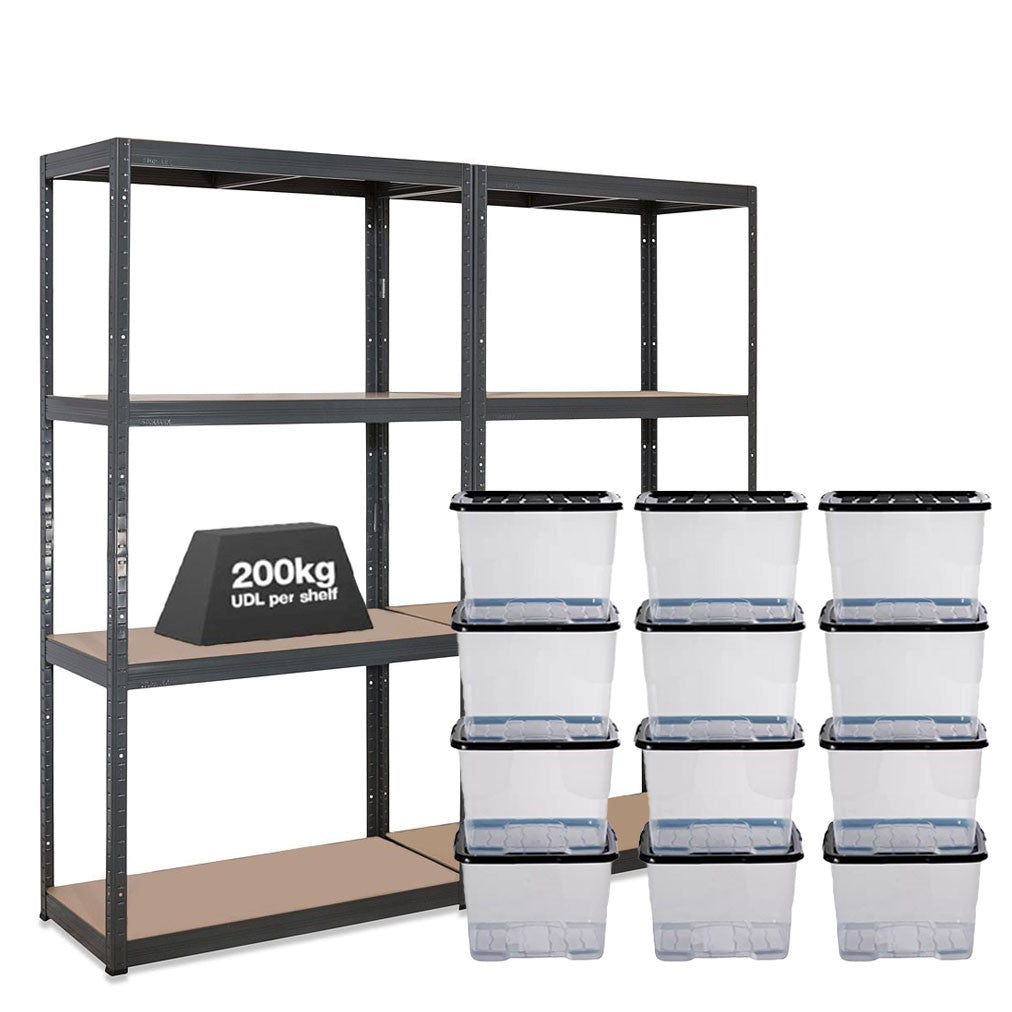 2x Storalex VRS Shelving Units 1600mm High Grey with 12x 24L Strata ...