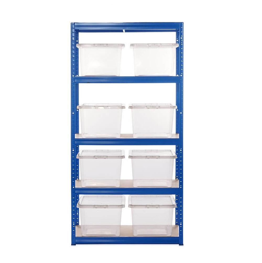 3x Storalex VRS Shelving Unit 1800mm High Blue with 8x 60L Wham Plastic ...
