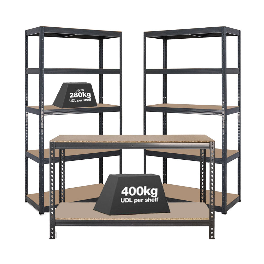 2x Storalex VRS Shelving Units 1800mm High & 1x Garage Workbench 1600mm ...