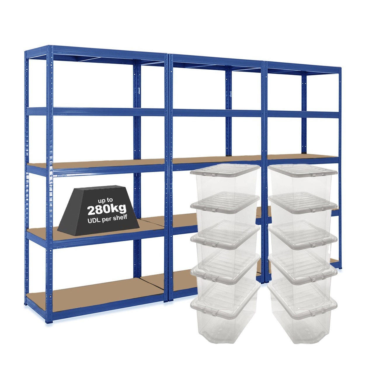 3x Storalex VRS Shelving Units 1800mm High Blue with 10x 37L Wham ...