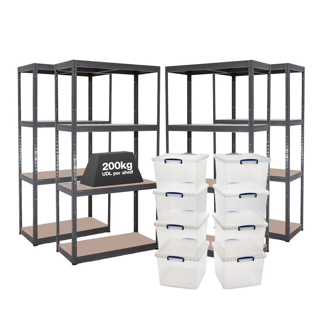 4x Storalex VRS Shelving Units 1600mm High Grey with 8x 33.5L Really ...