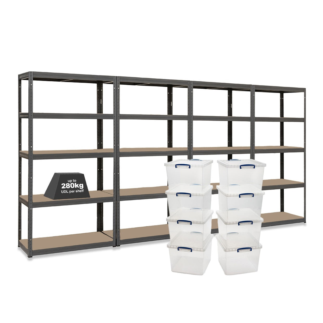 4x Storalex VRS Shelving Units 1800mm High Grey with 8x 33.5L Really ...
