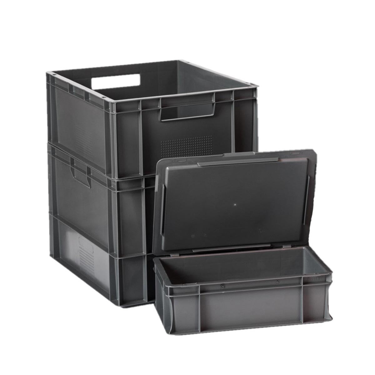 Premium Euro Containers with Hinged Lids - Grey - All Sizes - Tufferman